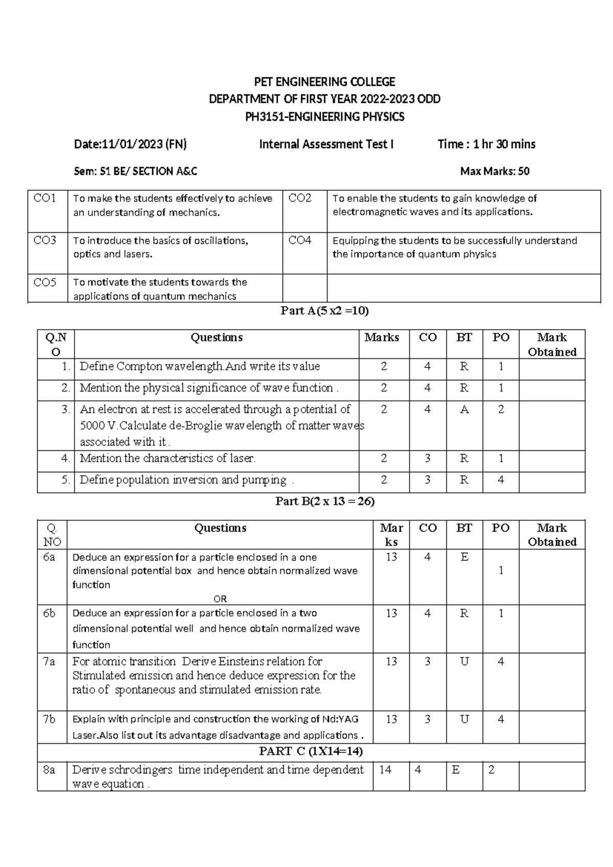 IA1 Physics - NO COMMENTS - PET ENGINEERING COLLEGE DEPARTMENT OF FIRST ...