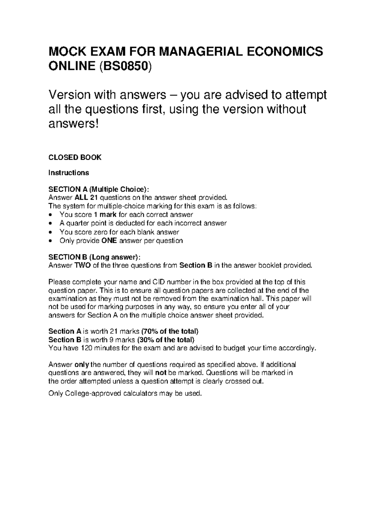 Managerial Economics Online Mock Exam WITH answers and explanations 2 ...