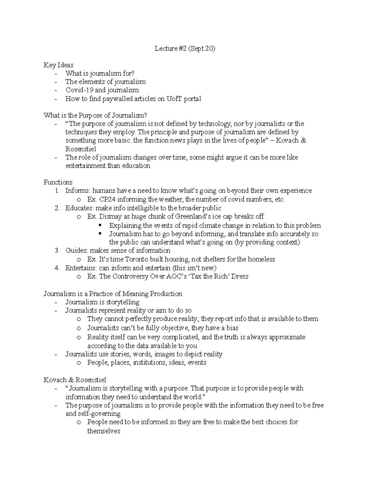 Lecture Notes - Lecture #2 (Sept 20) Key Ideas - What is journalism for ...