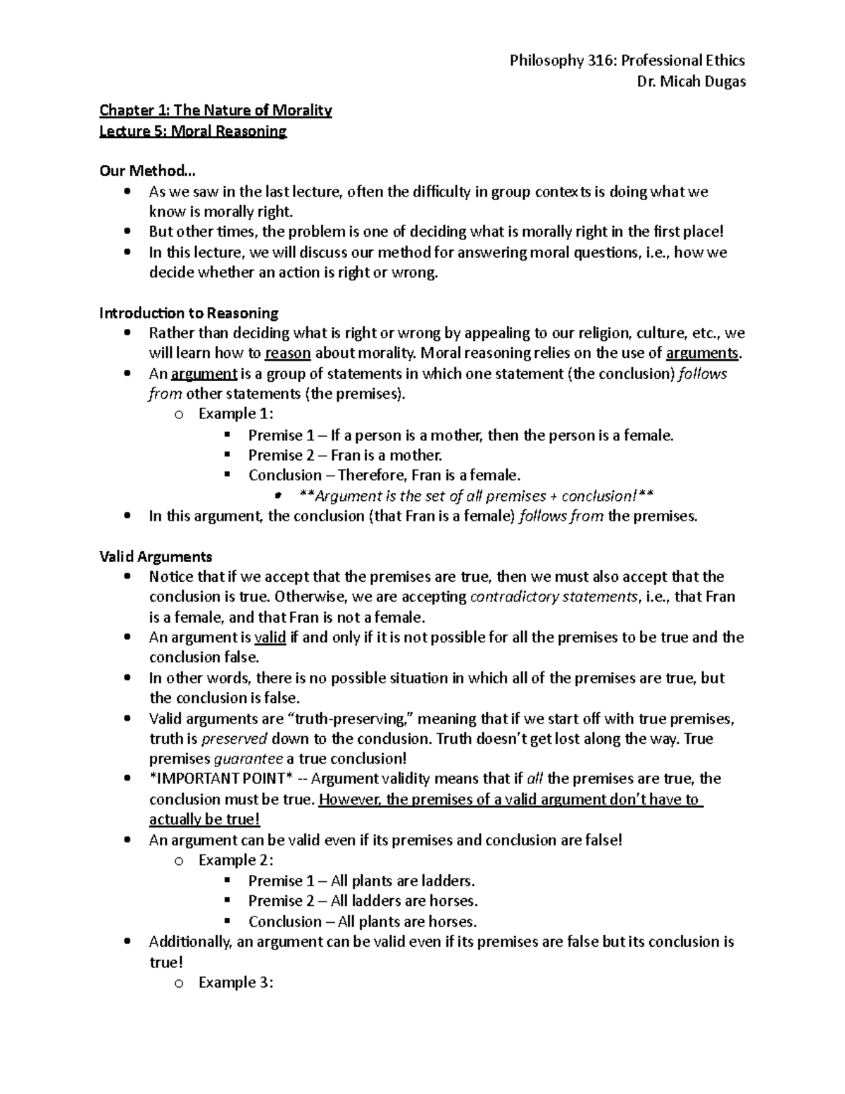 Chapter 1 - Lecture 5 - Dr. Micah Dugas Chapter 1: The Nature of Morality Lecture 5: Moral ...