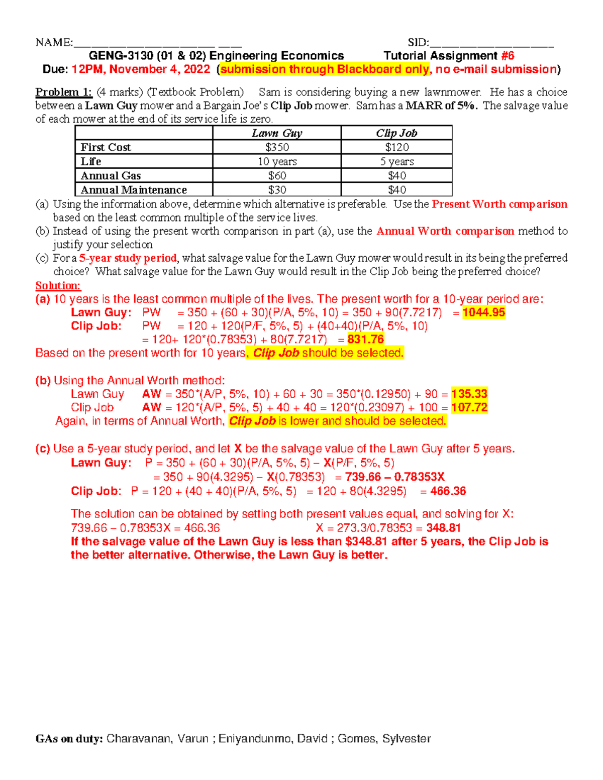Tutorial 6 Nov4 solution - NAME:________________________ ____ SID:_____________________ GAs on ...