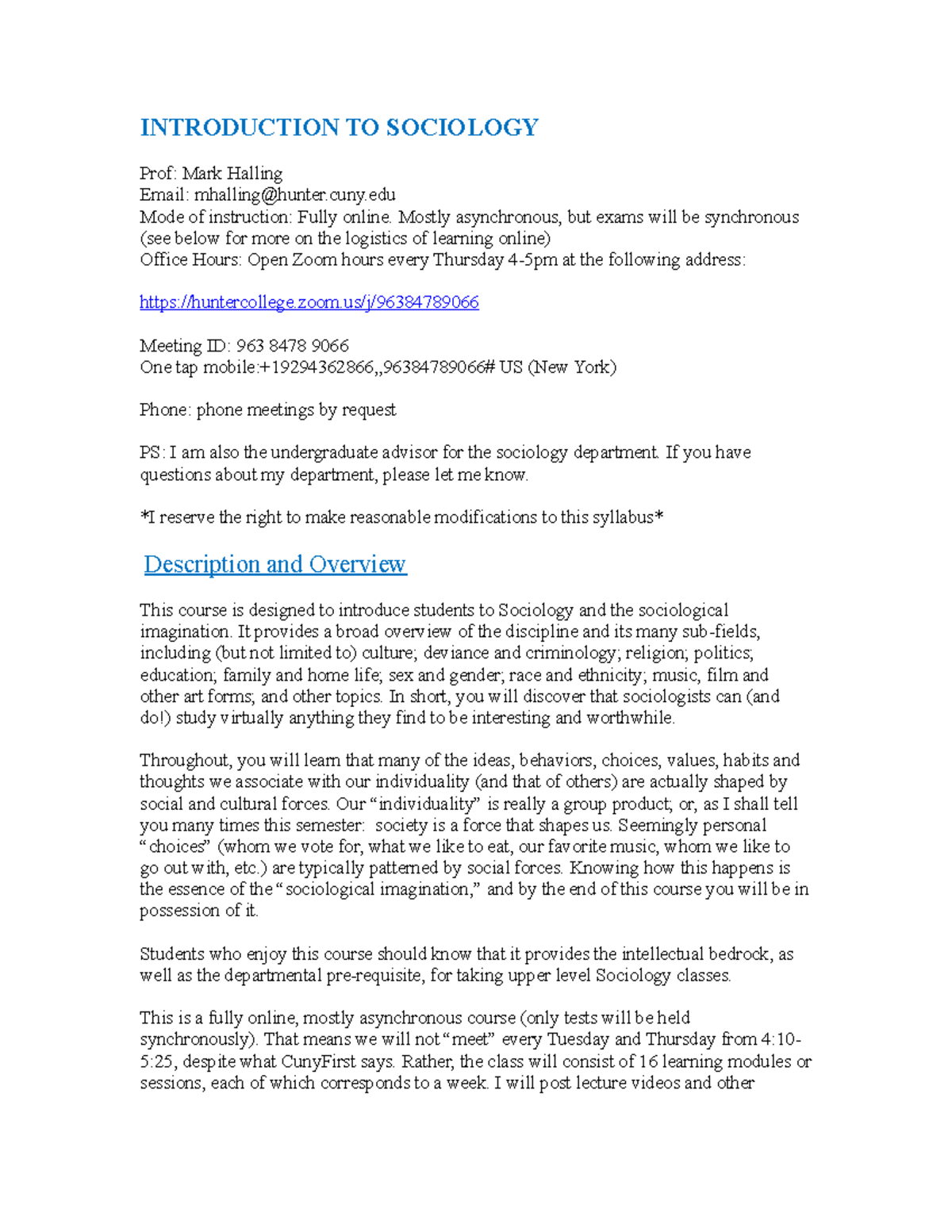 101 Syllabus online - over - INTRODUCTION TO SOCIOLOGY Prof: Mark ...