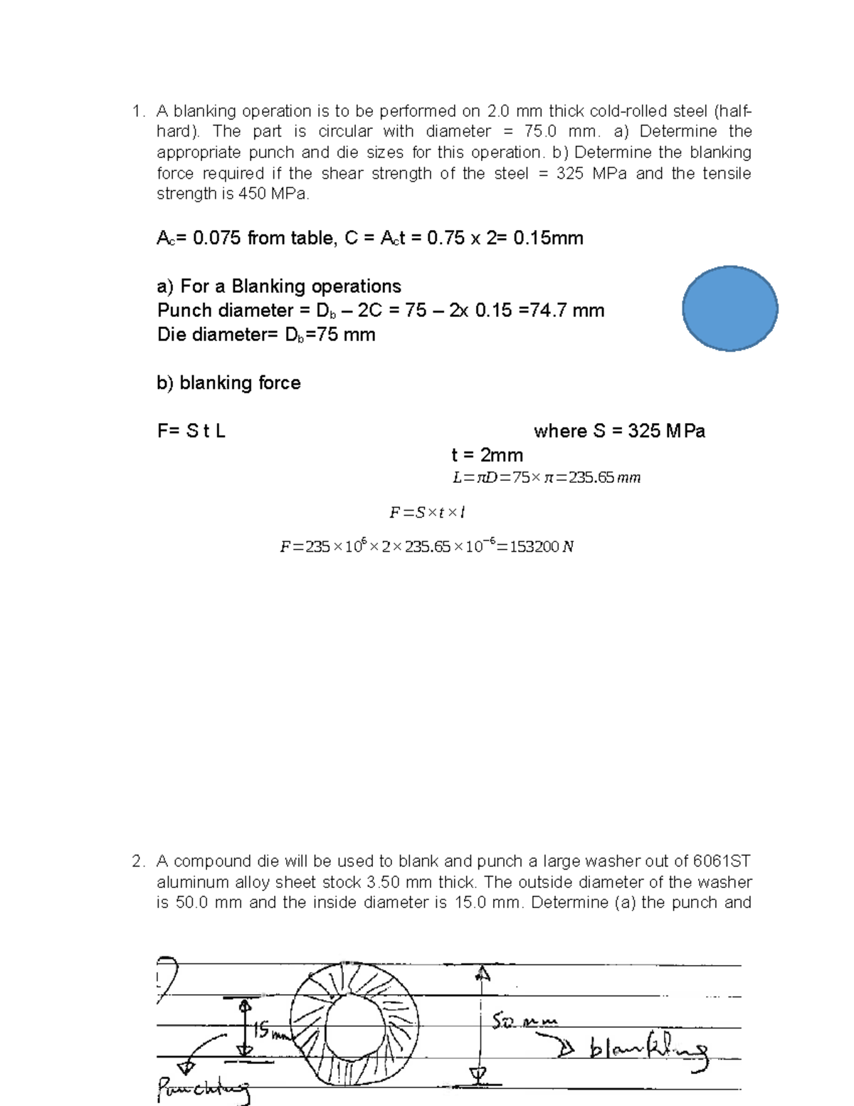 Examples sheetmetal works - A blanking operation is to be performed on ...