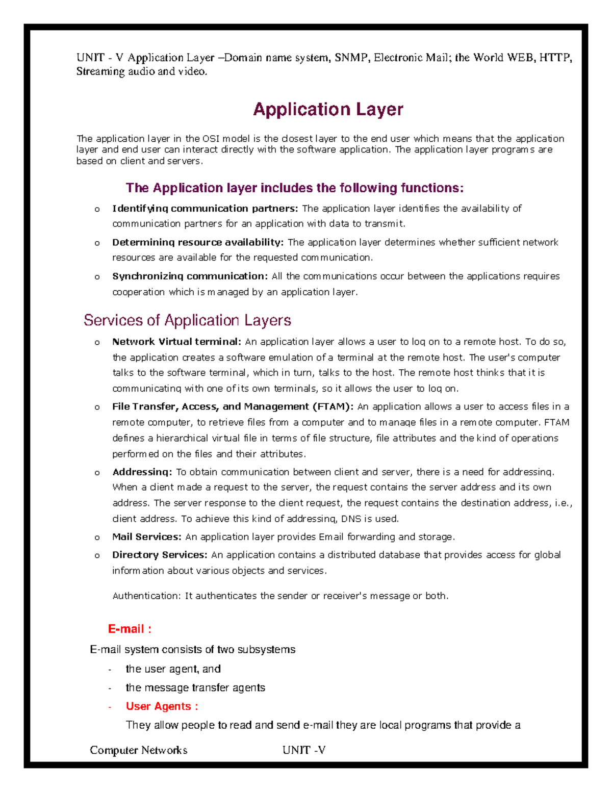 Computer Networks Unit 5 Unit V Application Layer Domain Name System Snmp Electronic