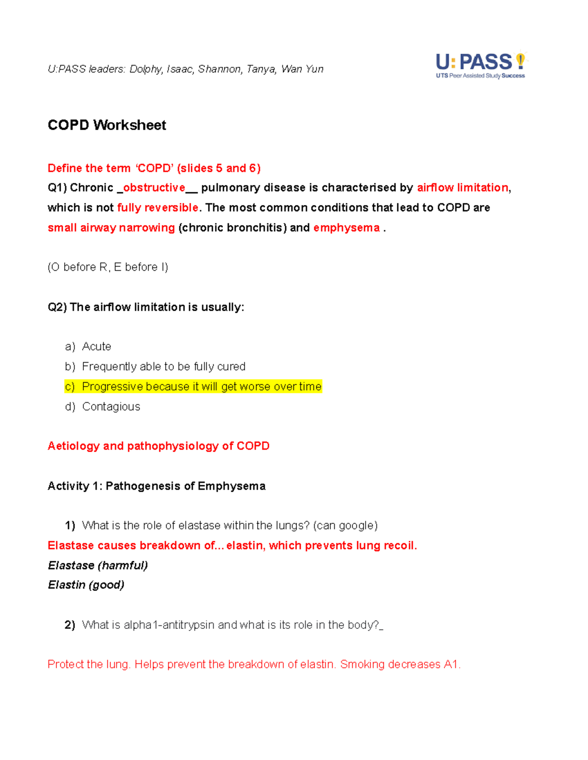 Upass COPD Student Worksheet - COPD Worksheet Define the term ‘COPD ...