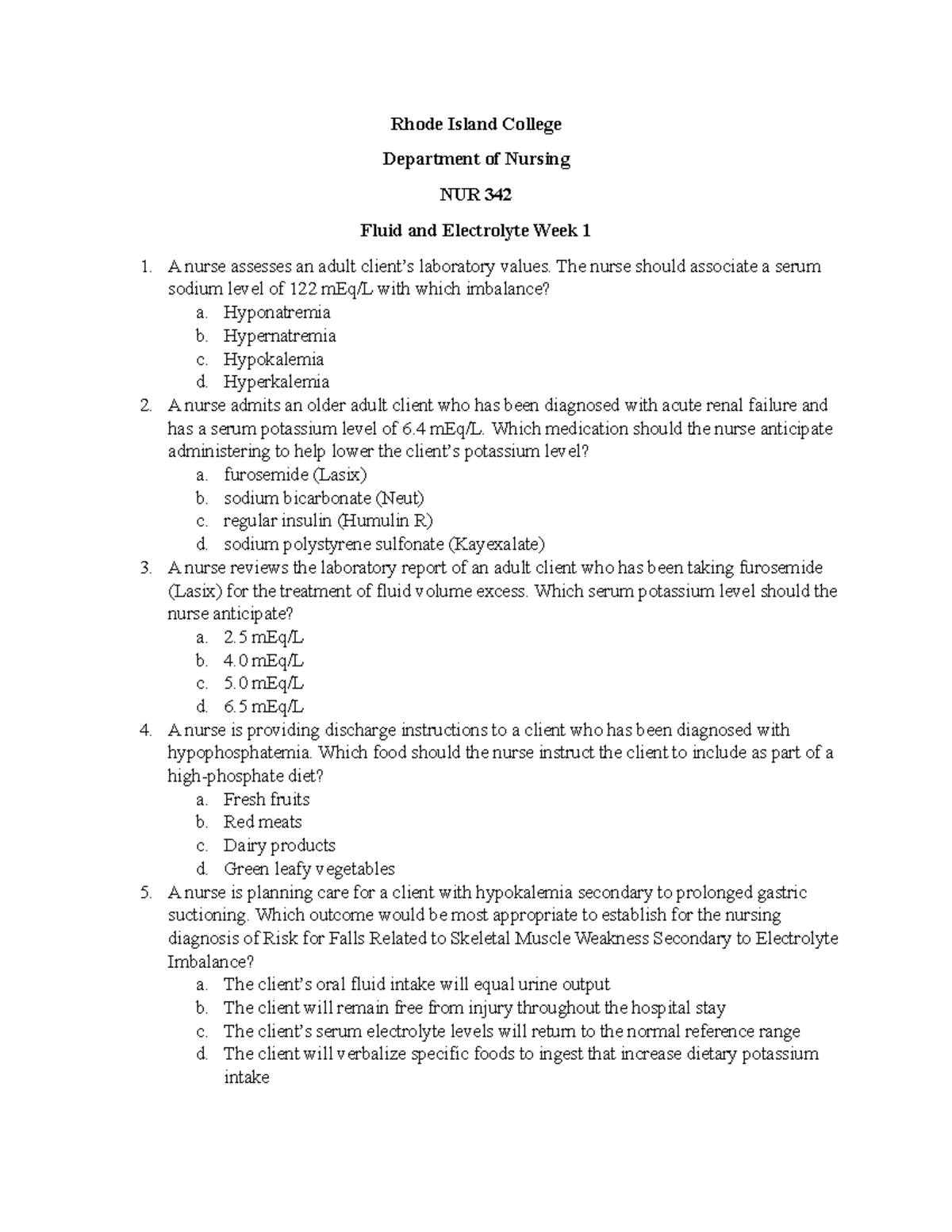 Fluid electrolyte questions - Rhode Island College Department of ...
