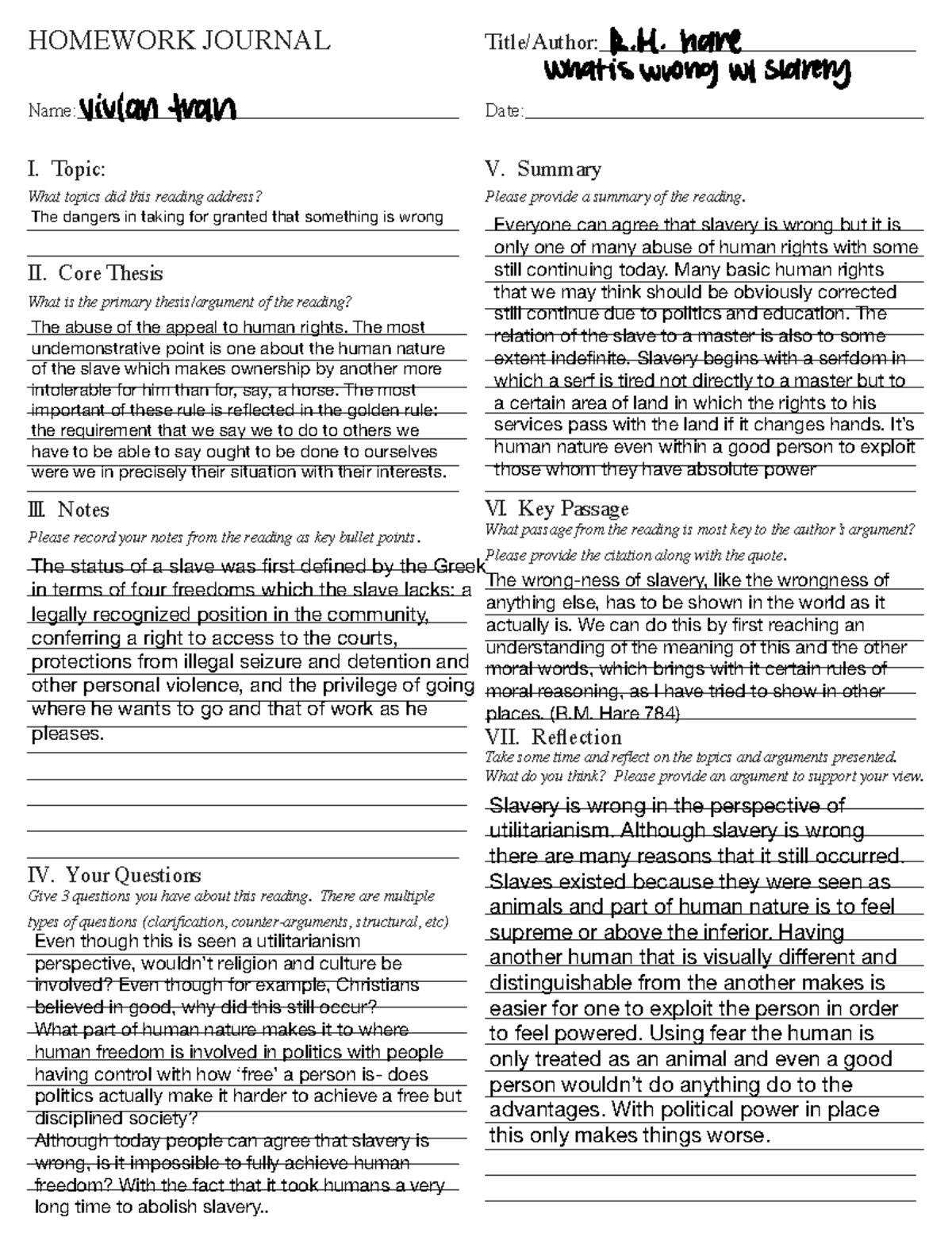 What makes slavery wrong - HOMEWORK JOURNAL Name: I. Topic: What topics ...