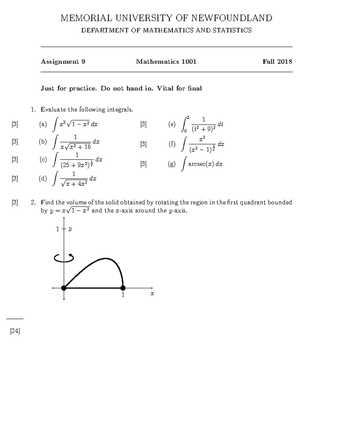 Math 1001 Assignment 9 - Math 1001 - MEMORIAL UNIVERSITY OF ...