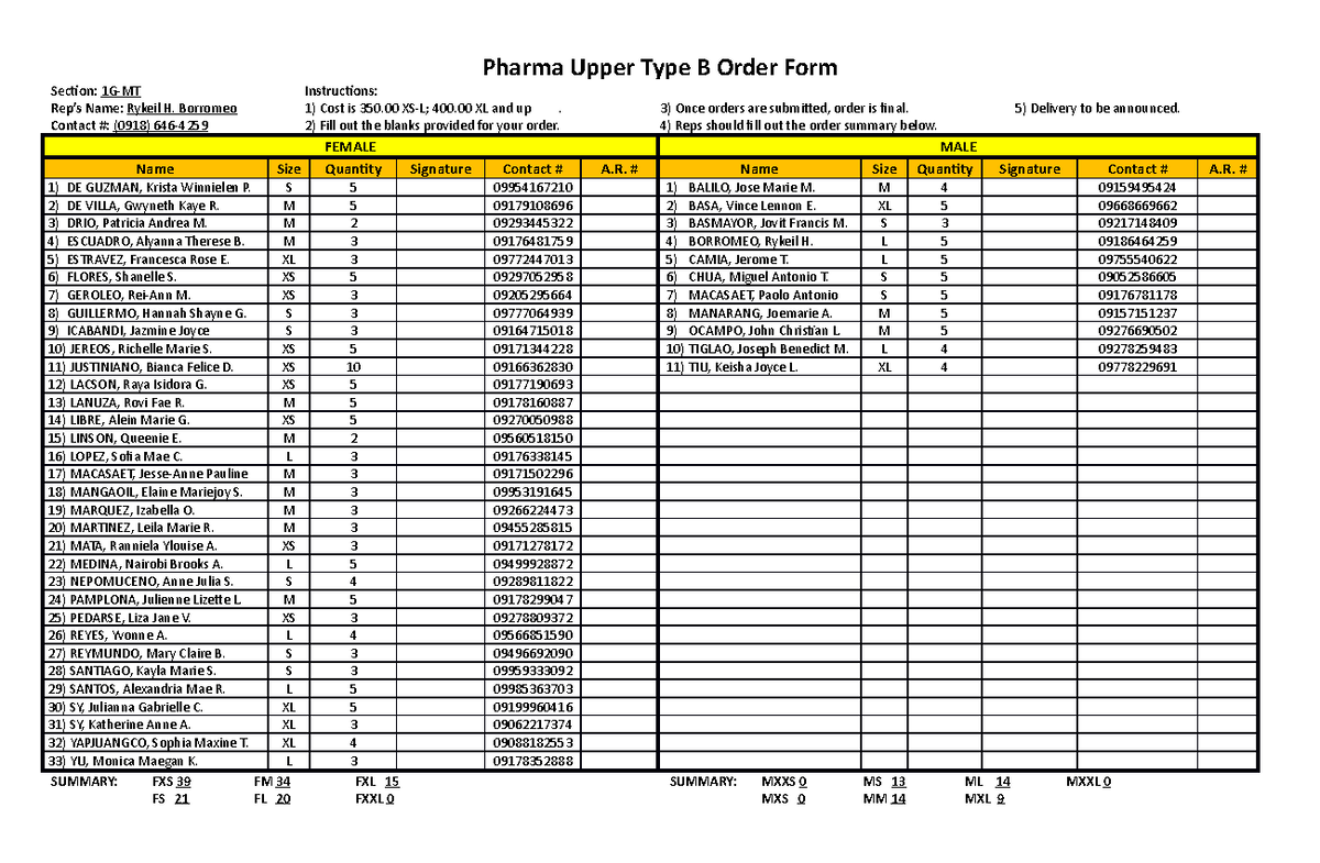 Type B Uniform Order Form - Pharma Upper Type B Order Form Secion: 1G ...