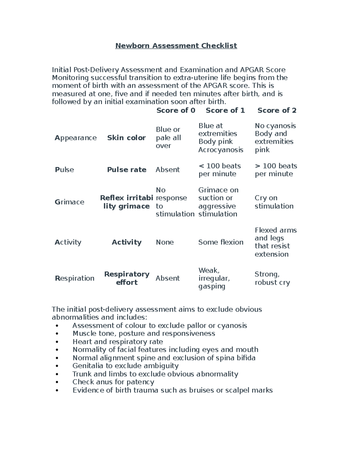 Newborn Assessment Checklist (Q VI 2020) - Newborn Assessment Checklist ...