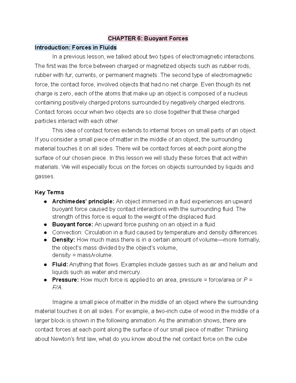 PHY S 100 - Lesson 6 Notes - Buoyant Forces - CHAPTER 6: Buoyant Forces ...