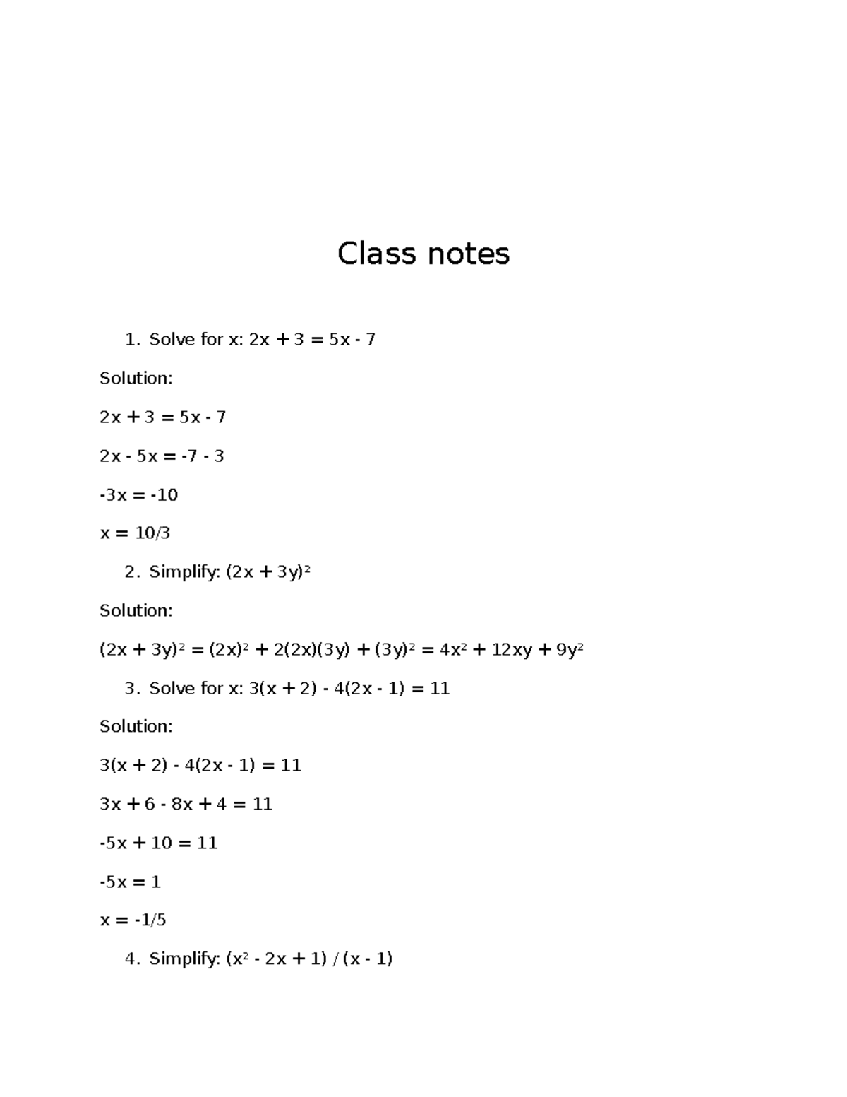 Class notes - math equation - Class notes Solve for x: 2x + 3 = 5x - 7 ...
