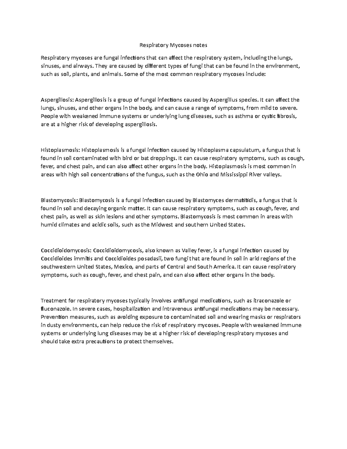 Respiratory Mycoses notes - Respiratory Mycoses notes Respiratory ...