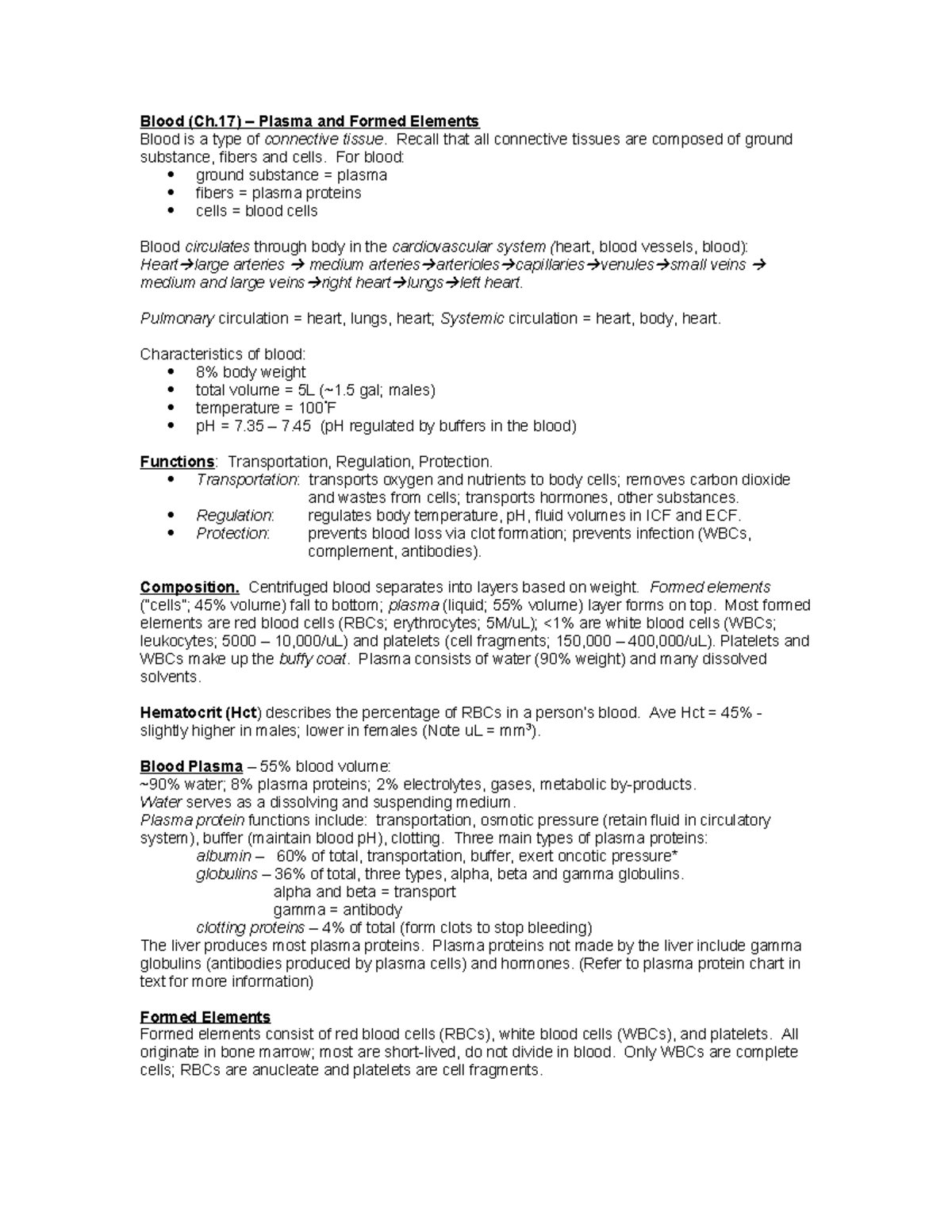 Ap2(ch17)Blood Lecture Notes July 20 - Blood (Ch) – Plasma and Formed ...
