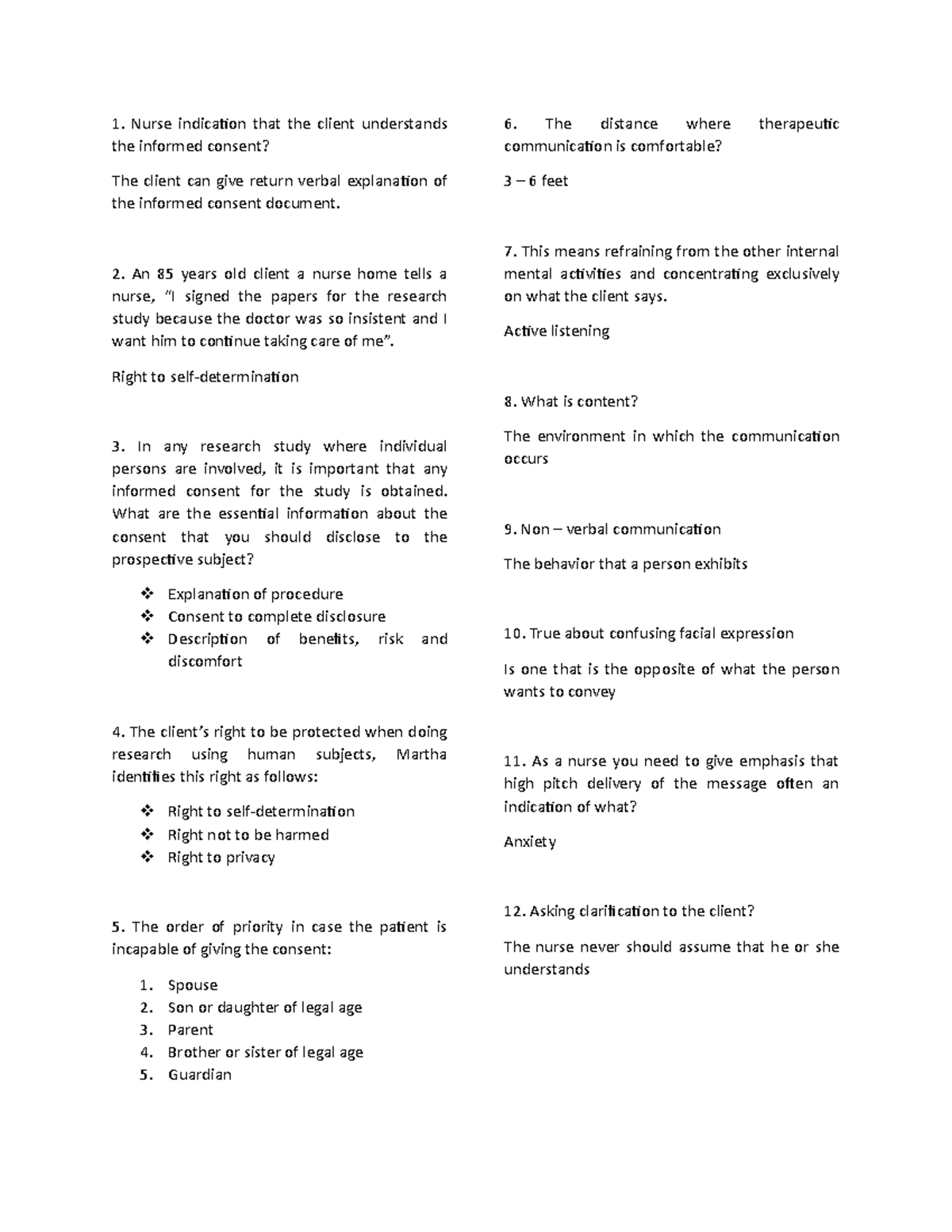 NCM123 - Quiz notes - Nurse indication that the client understands the ...