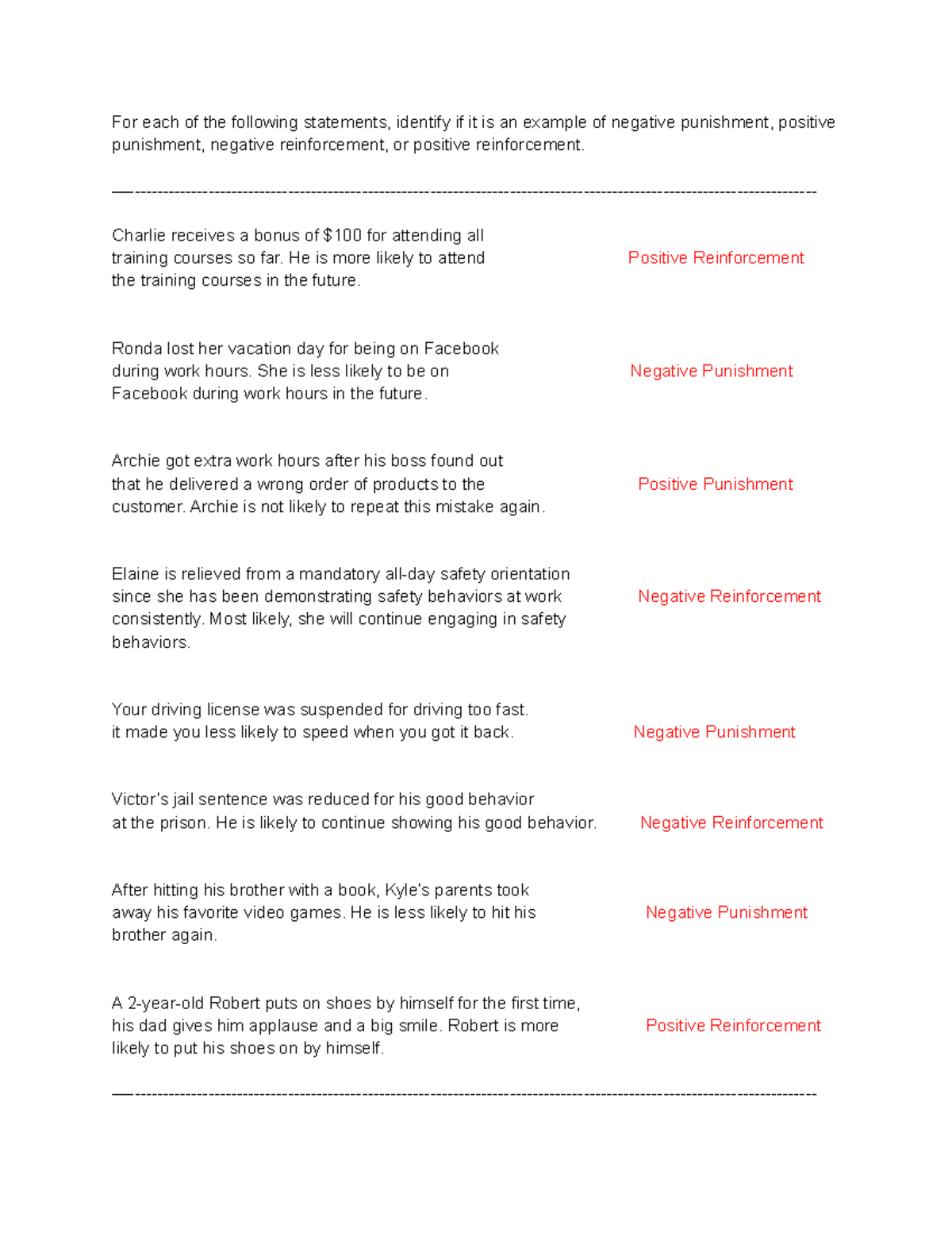 Chapter 6 Operant Conditioning ( Paper) - For each of the following ...