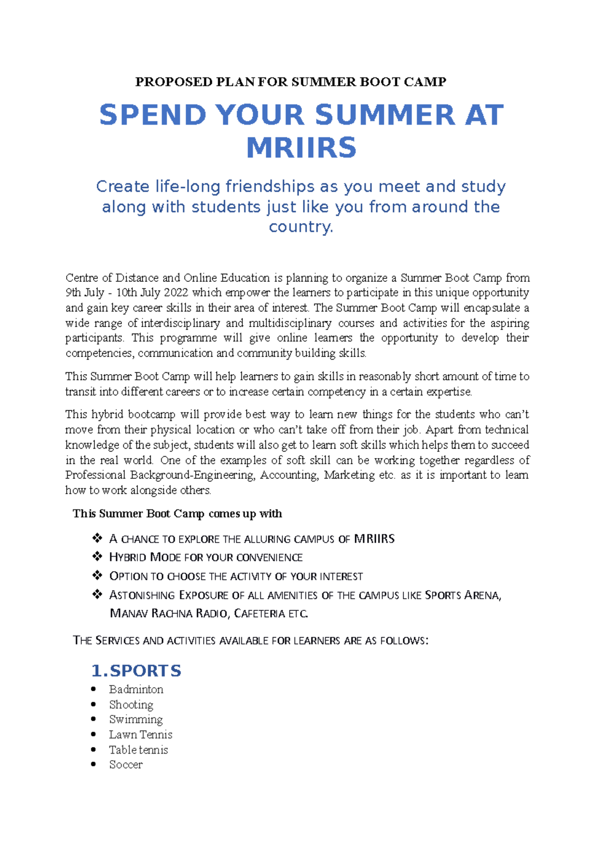 Updated Summerbootcamp Proposal - PROPOSED PLAN FOR SUMMER BOOT CAMP ...