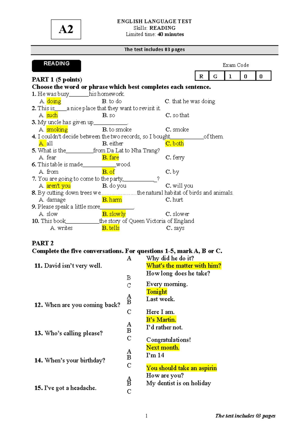 Test 1 - adsads - 1 The test includes 03 pages The test includes 03 ...