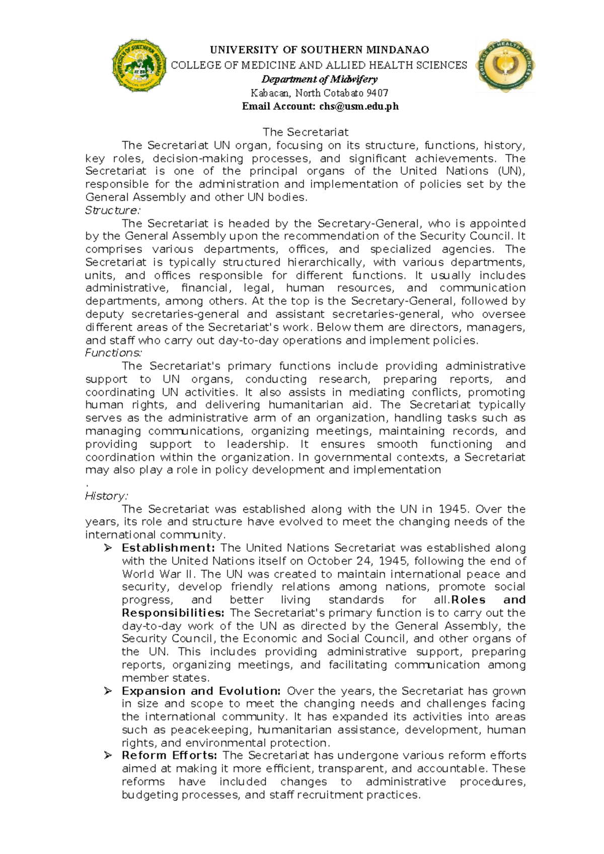 Secretariat Report Group V - COLLEGE OF MEDICINE AND ALLIED HEALTH ...