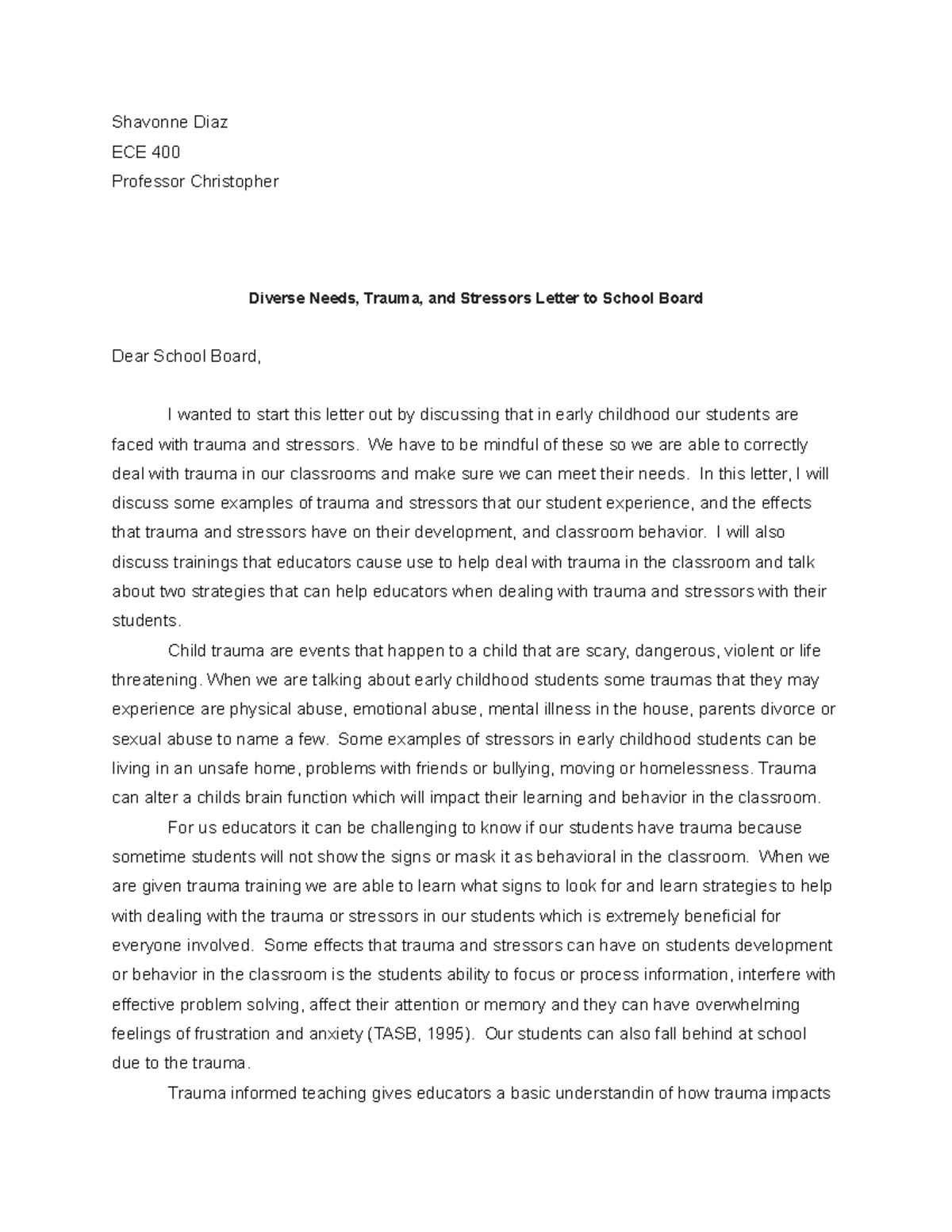 ECE 400 Letter to School Board - Shavonne Diaz ECE 400 Professor ...