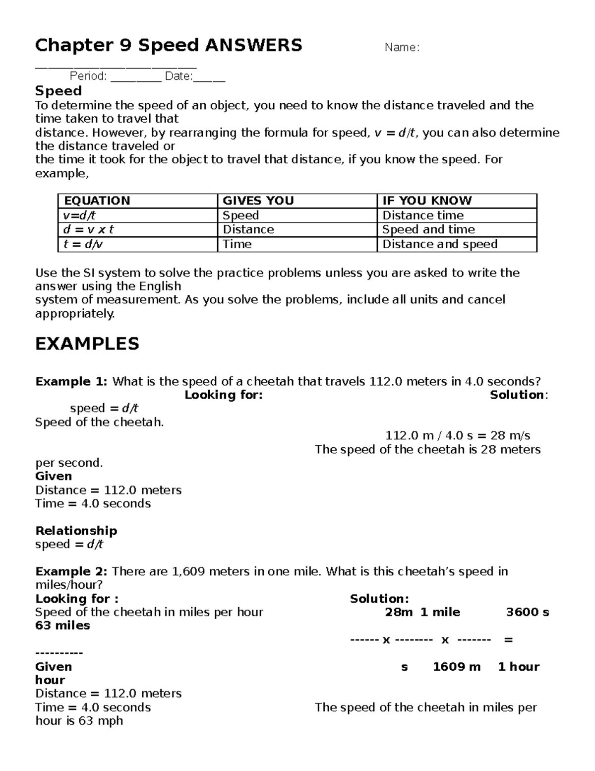 Chapter 9 Speed Answers - Chapter 9 Speed ANSWERS Name ...