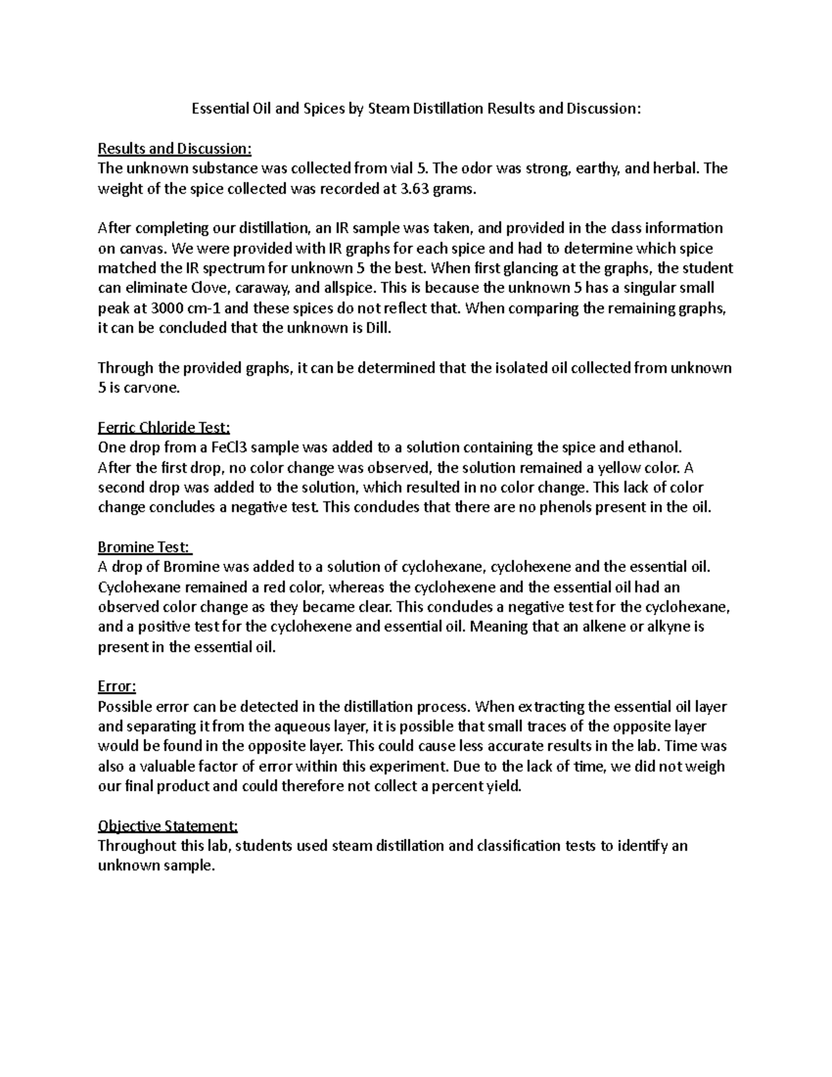Essential Oil and Spices by Steam Distillation Results and Discussion ...