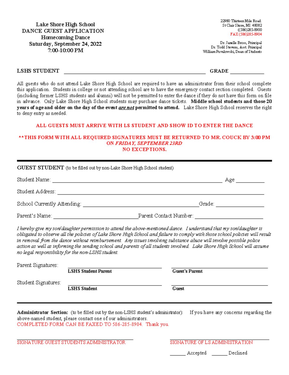 Dance Permission Slip - idk - 22980 Thirteen Mile Road. St Clair Shore ...