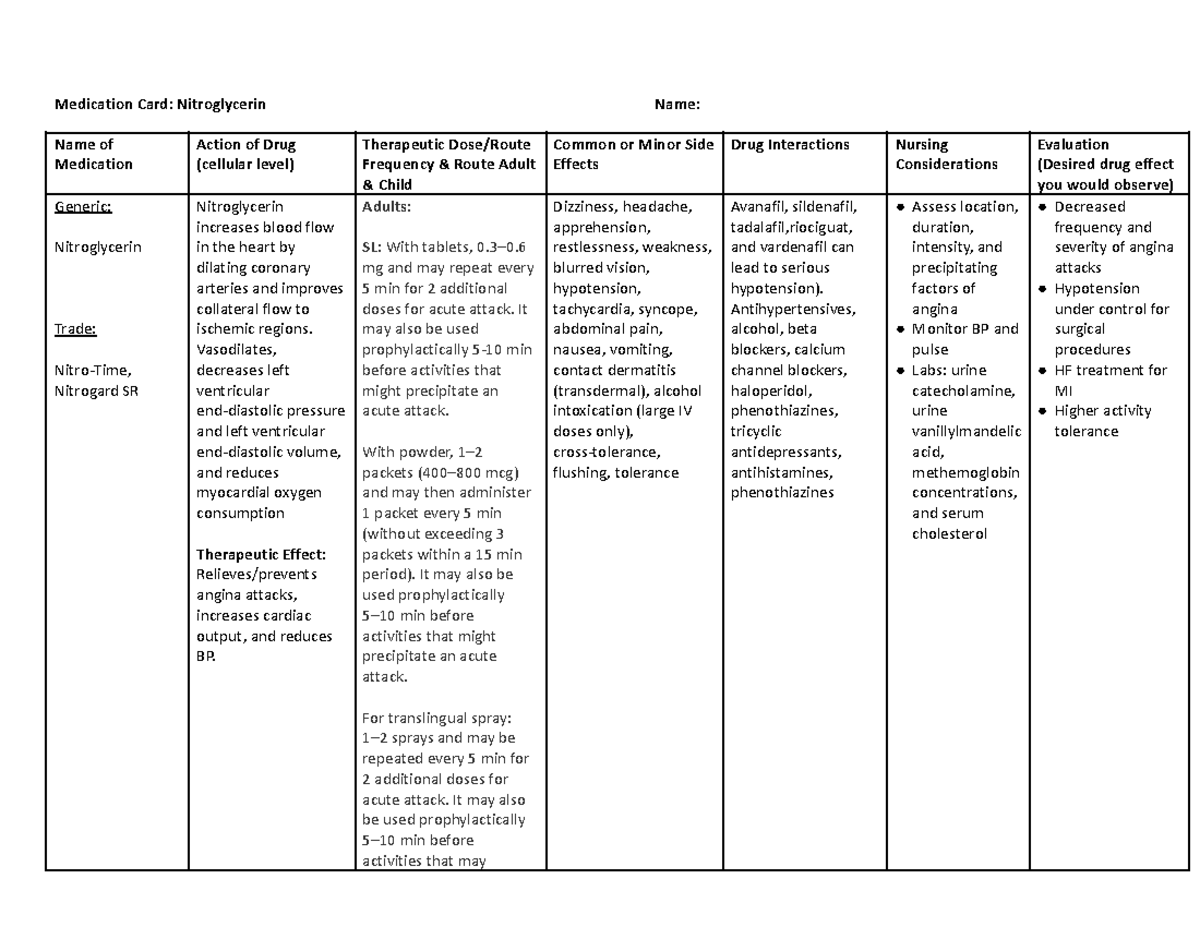 Nitroglycerin Medication Card - Medication Card: Nitroglycerin Name ...