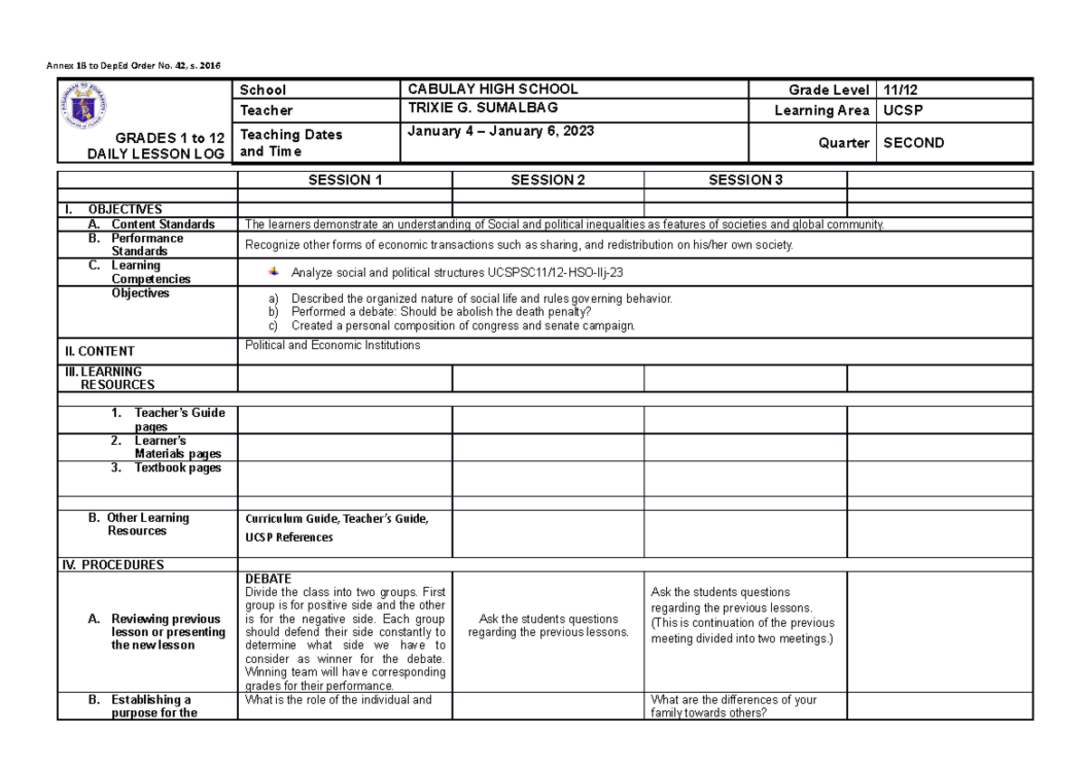 Week 15 - asdasdsa - Annex 1B to DepEd Order No. 42, s. 2016 GRADES 1 ...