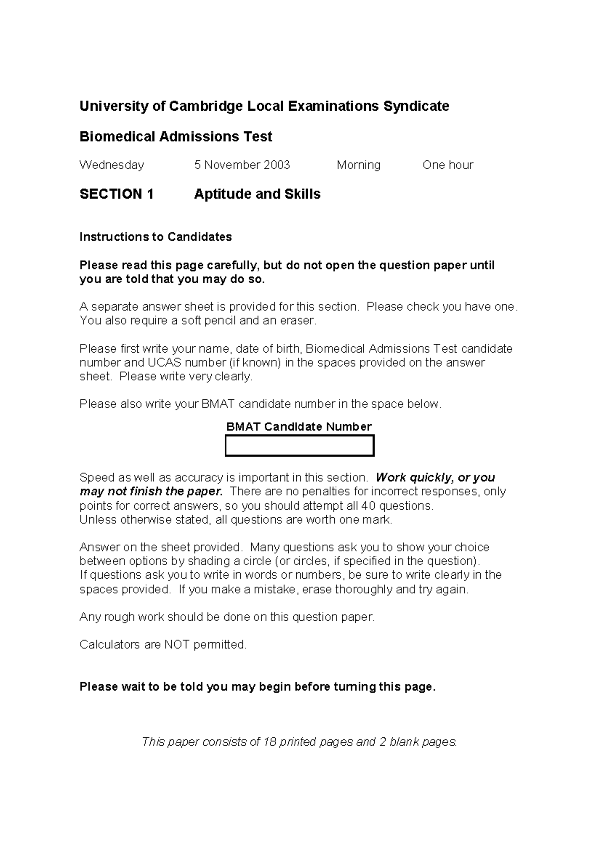 BMAT 2003 Section 1 - University of Cambridge Local Examinations ...