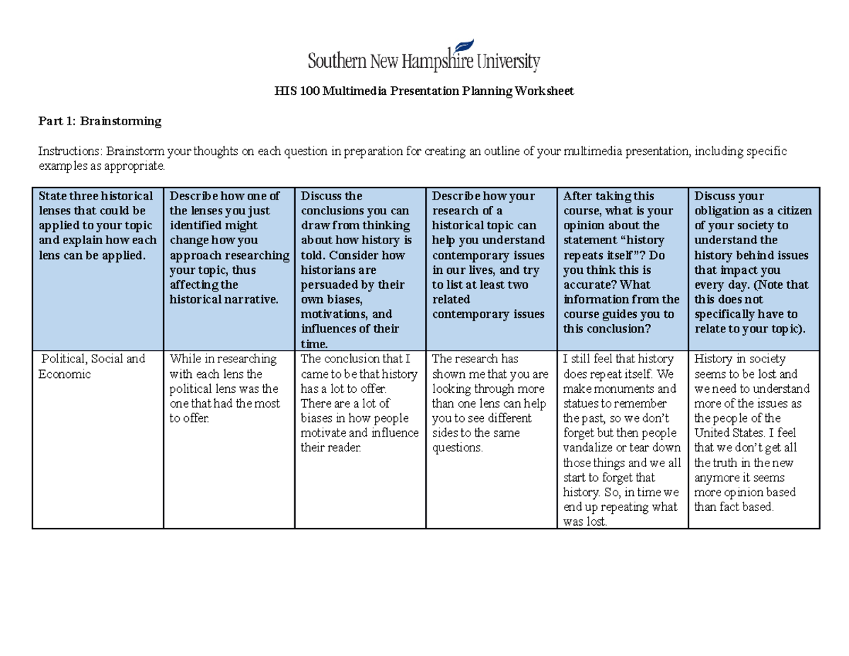 HIS 100 Multimedia Presentation Planning - State three historical ...