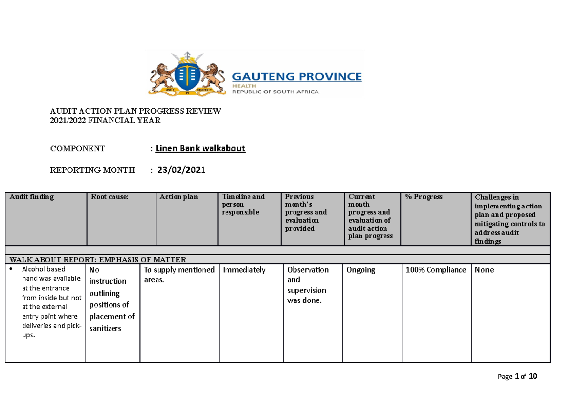 2022 March Audit QIP Linen BANK Report - AUDIT ACTION PLAN PROGRESS ...