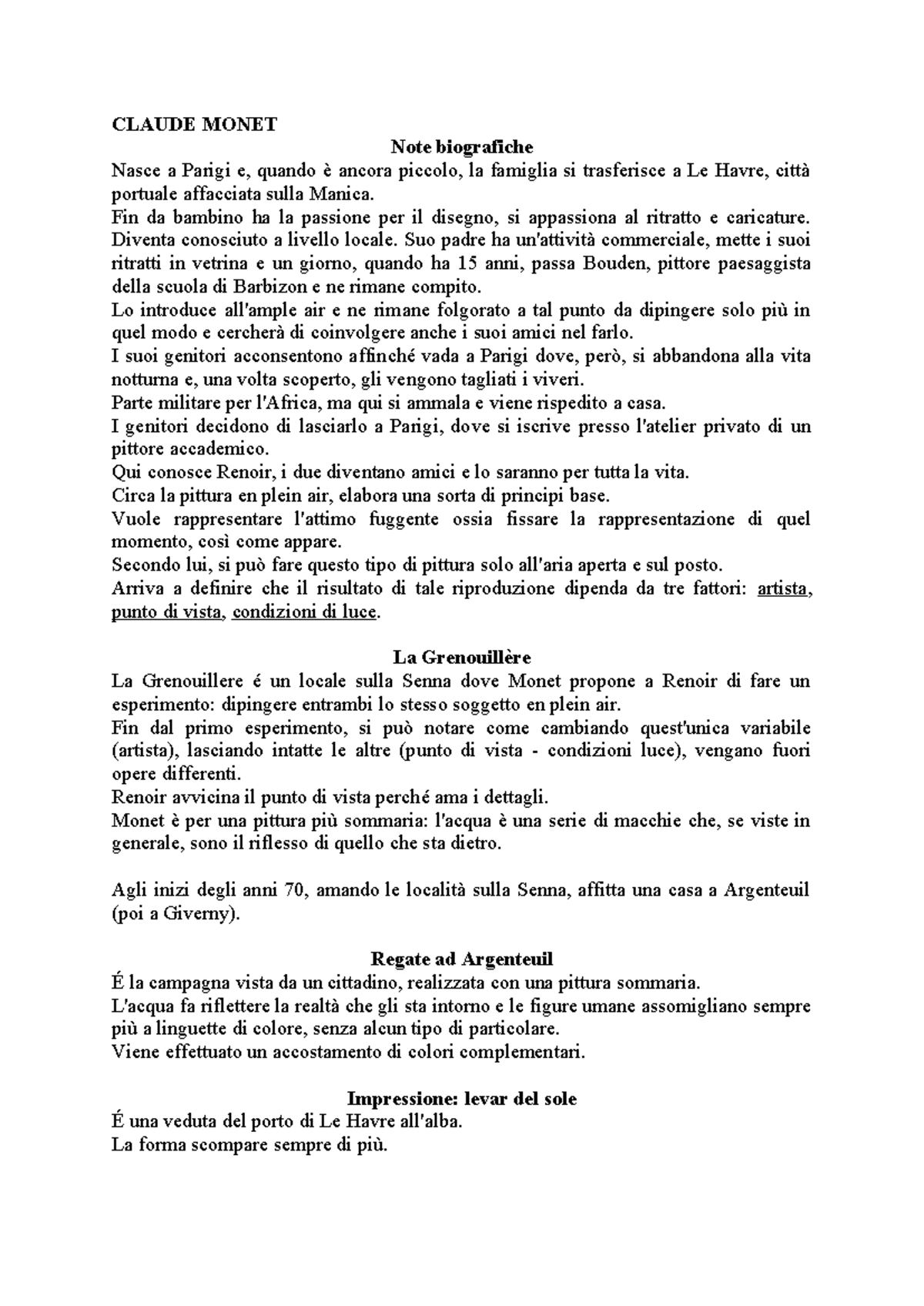 Claude Monet - CLAUDE MONET Note biografiche Nasce a Parigi e, quando è ancora piccolo, la ...