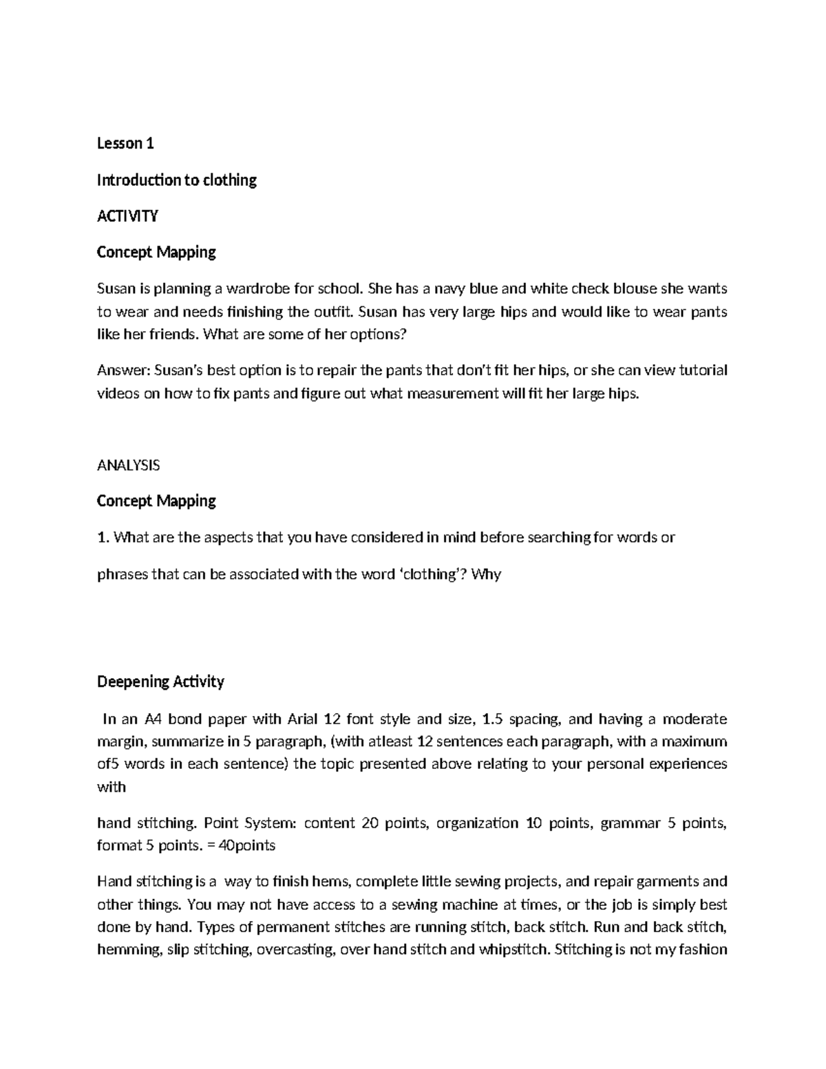 Stitching - Lesson 1 Introduction to clothing ACTIVITY Concept Mapping ...
