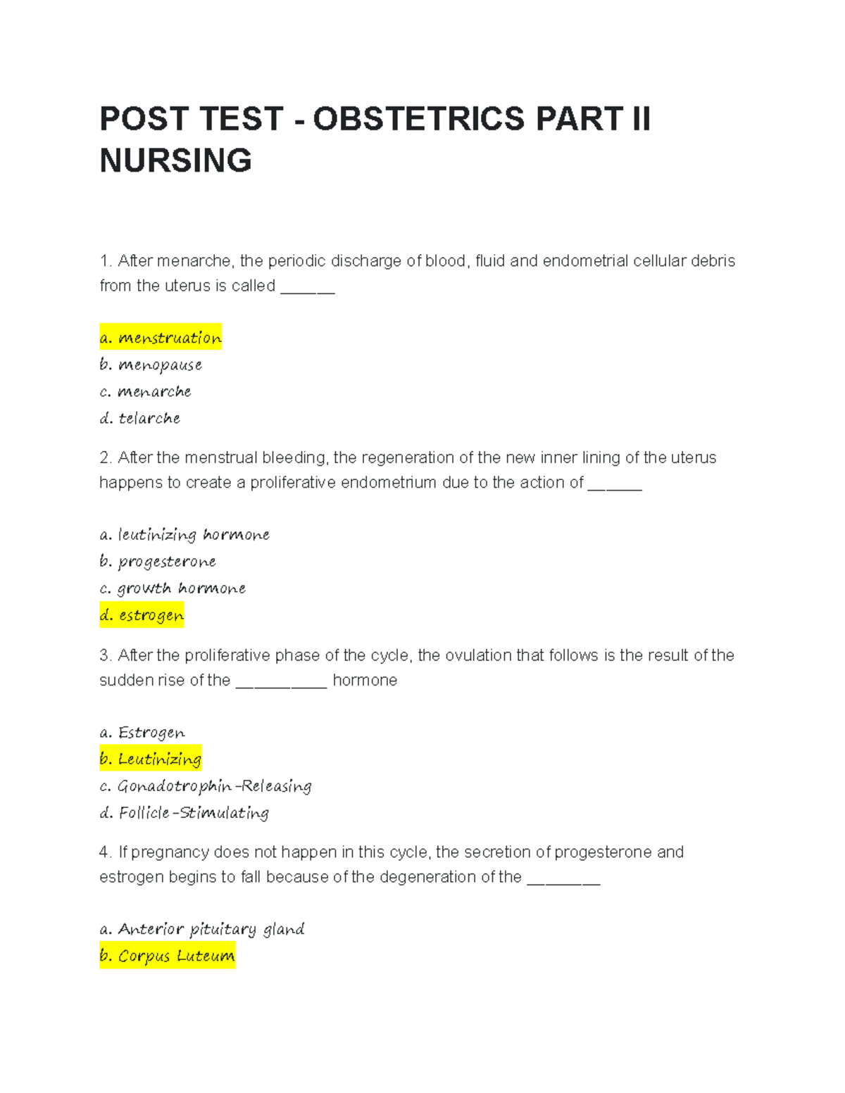 POST TEST OB - passed - POST TEST - OBSTETRICS PART II NURSING 1. After ...