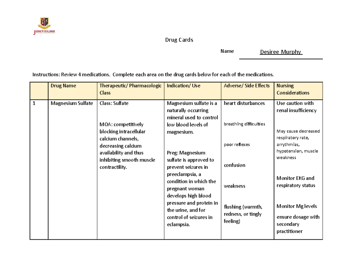 Drug Cards Form (4 drug cards) - Drug Cards Name Desiree Murphy ...