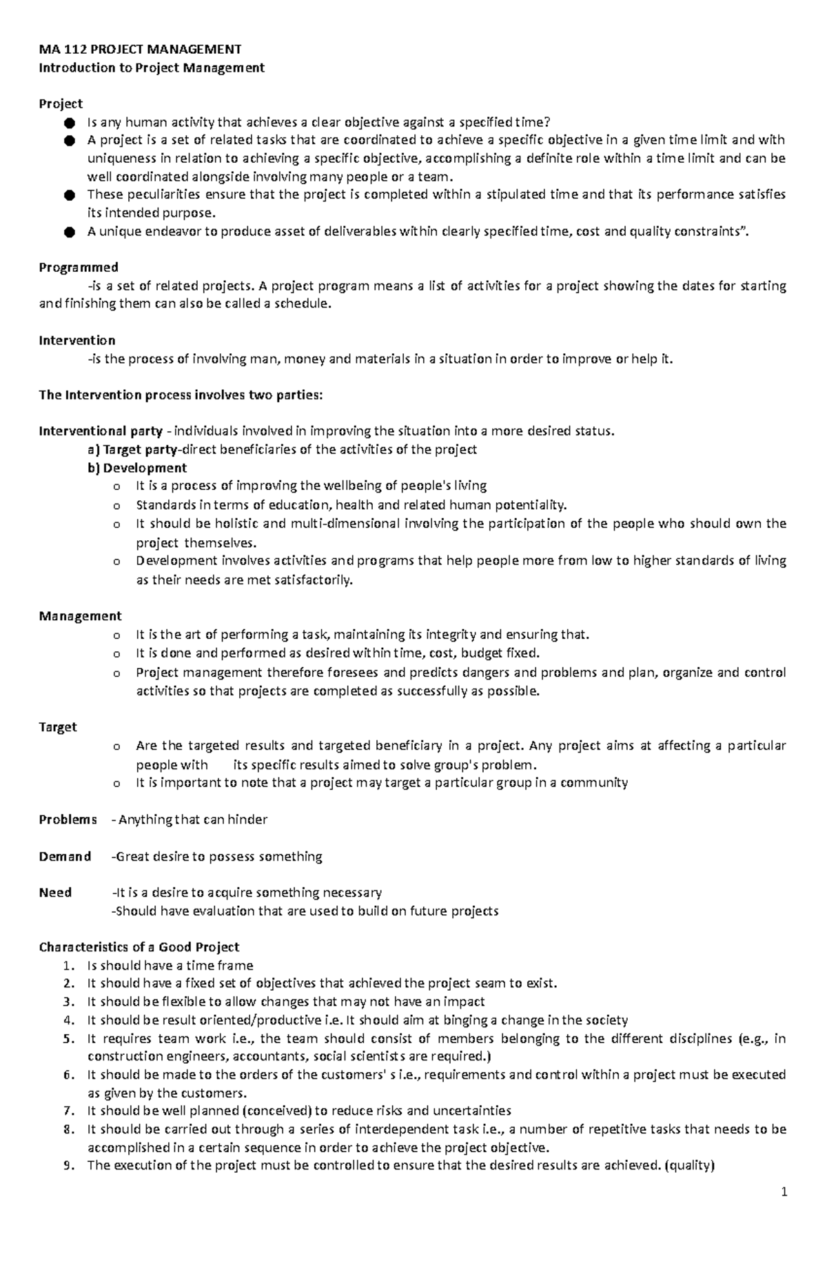 Pm-lesson-1 - Well - MA 112 PROJECT MANAGEMENT Introduction to Project ...