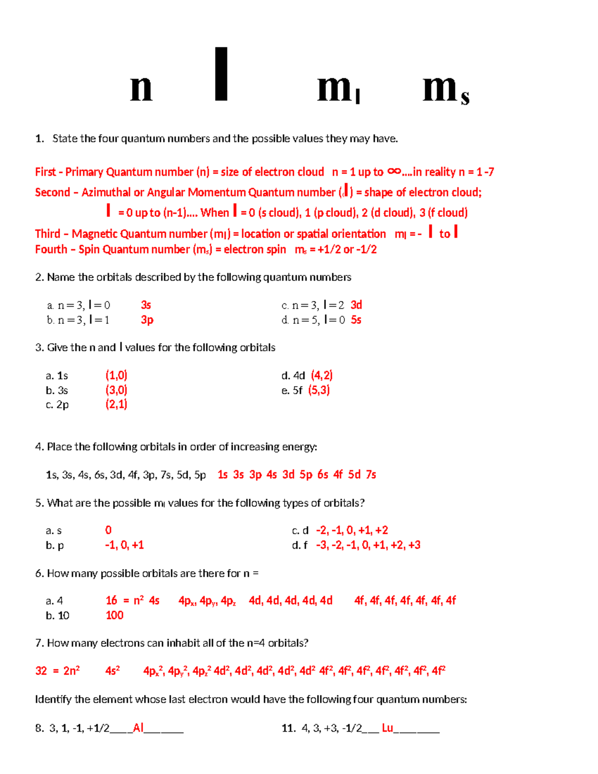 1.5.1- Quantum Numbers Worksheet KEY - n l ml ms State the four quantum ...