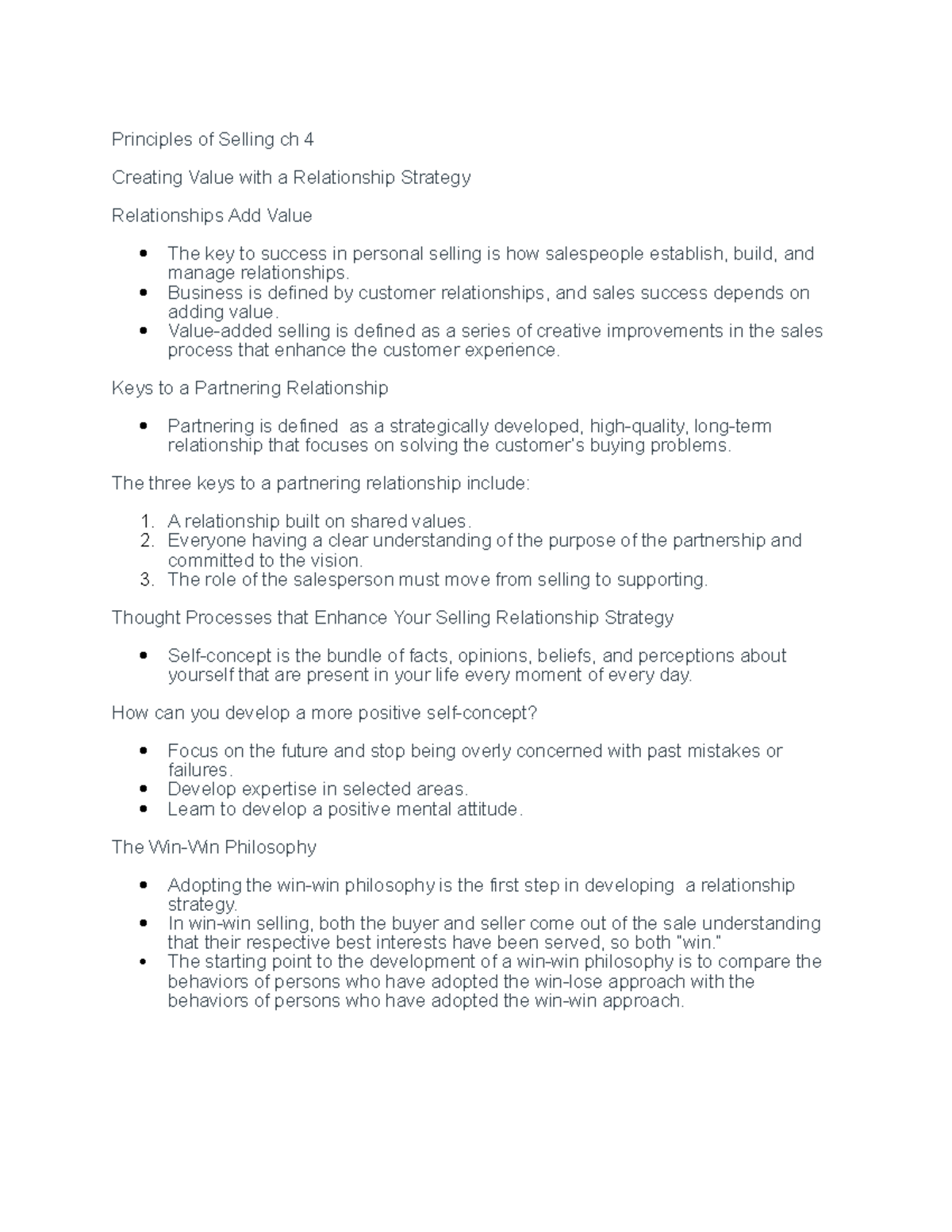 Seling notes ch4 - Principles of Selling ch 4 Creating Value with a ...