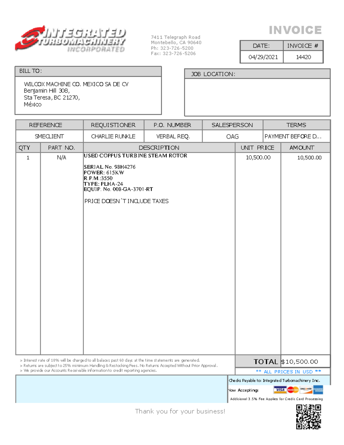 Invoice 19194 Int. Turbo Machinery - DATE: INVOICE 04 / 29 / 2021 14420 BILL TO: WILCOX MACHINE ...