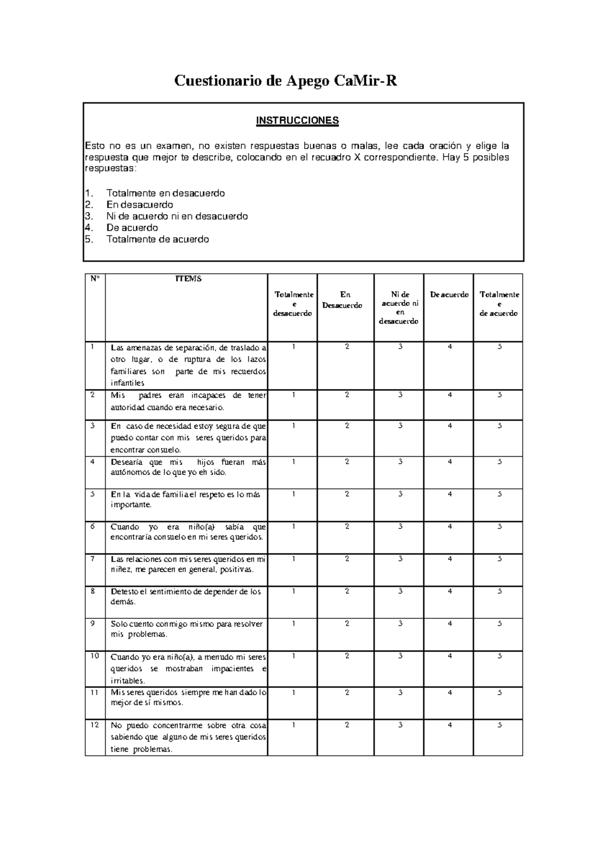 Cuestionario de apego camir r - Cuestionario de Apego CaMir-R ...