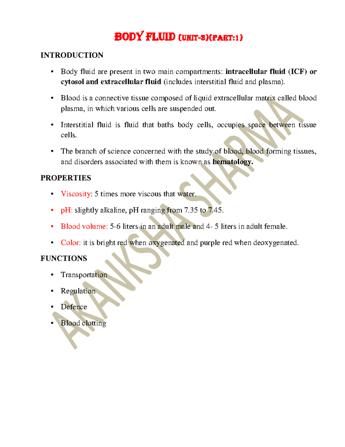 BODY Fluid notes pdf - BODY FLUID (UNIT-3)(PART: 1 ) INTRODUCTION Body ...