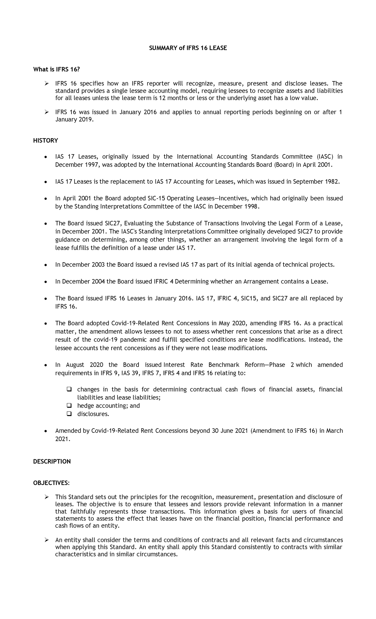 IFRS 16 Lease Summary Report SUMMARY Of IFRS 16 LEASE What Is IFRS 16