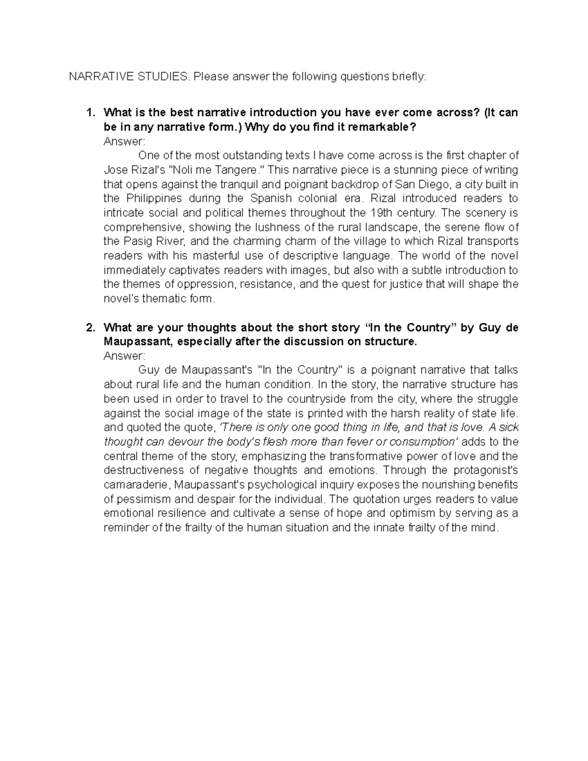 Narrative Studies - NARRATIVE STUDIES. Please answer the following ...