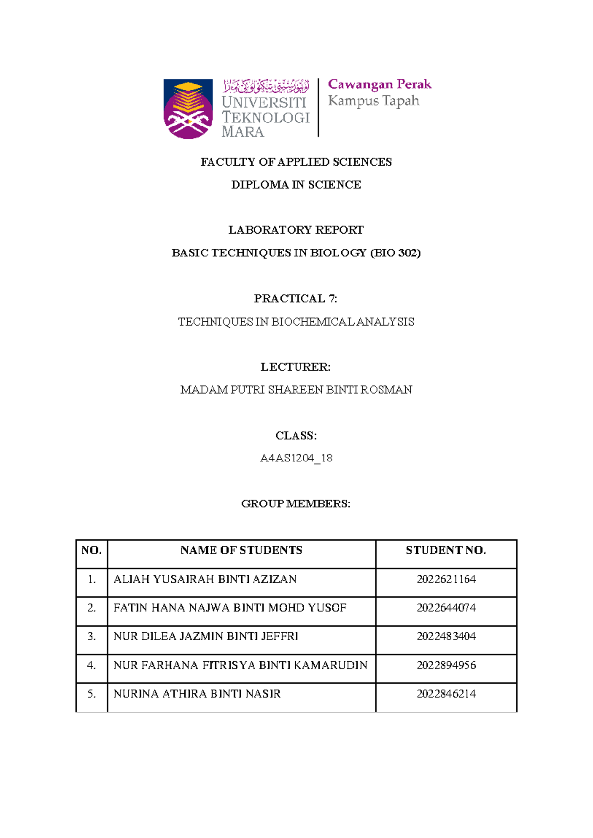LAB Report BIO 302 ( EXP 7 ) - FACULTY OF APPLIED SCIENCES DIPLOMA IN ...