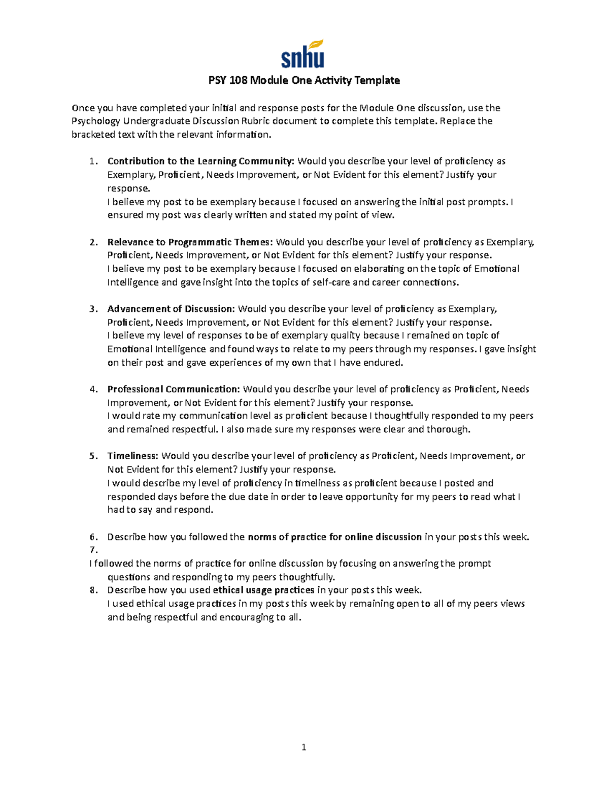 Intro to Psychology - PSY 108 Module One Activity Template Once you ...