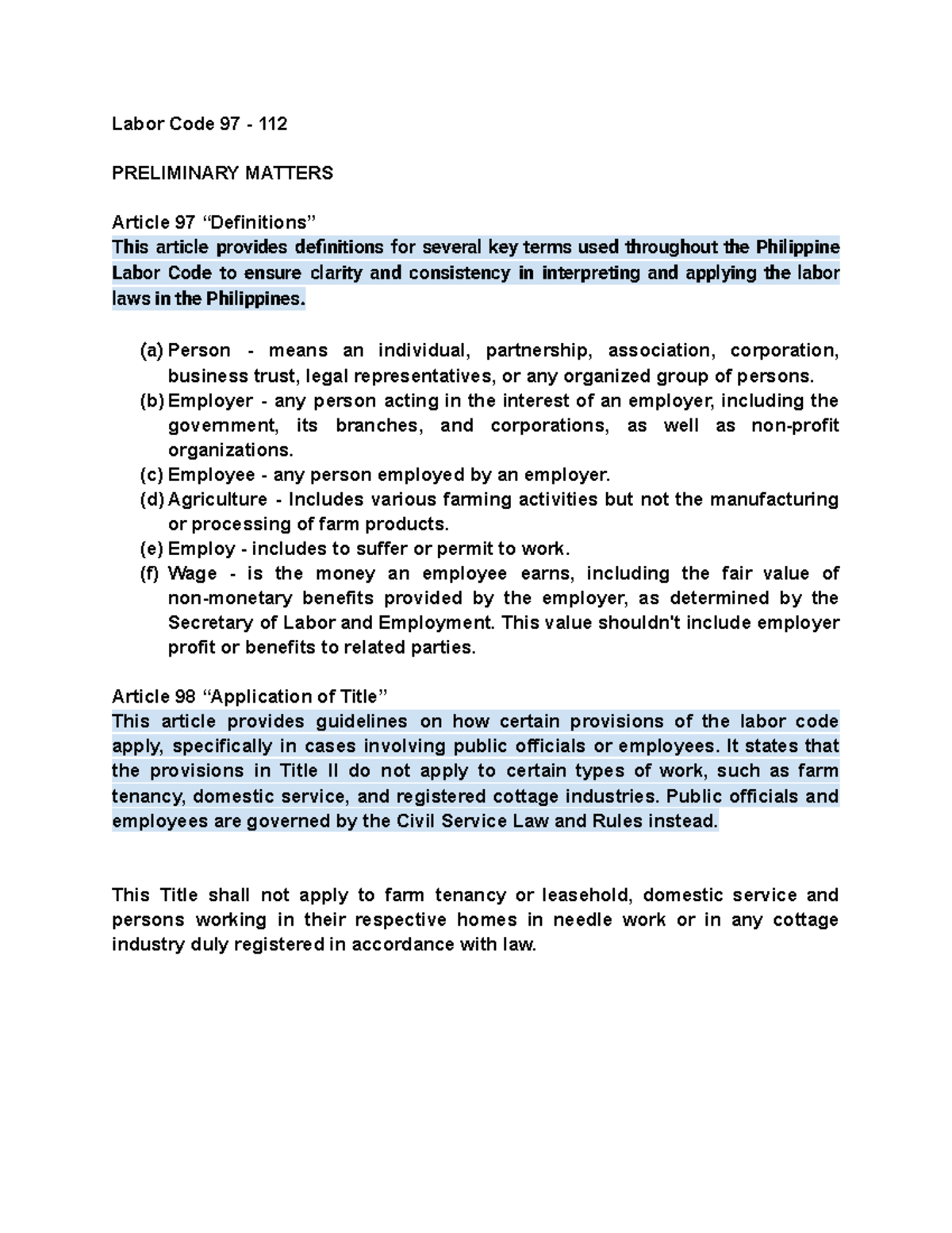 BLR Mid Terms - Shs - Labor Code 97 - 112 PRELIMINARY MATTERS Article ...