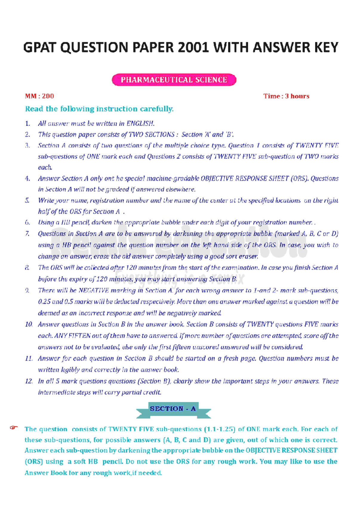 Gpat question paper 2001 - GPAT QUESTION PAPER 2001 WITH ANSWER KEY ...