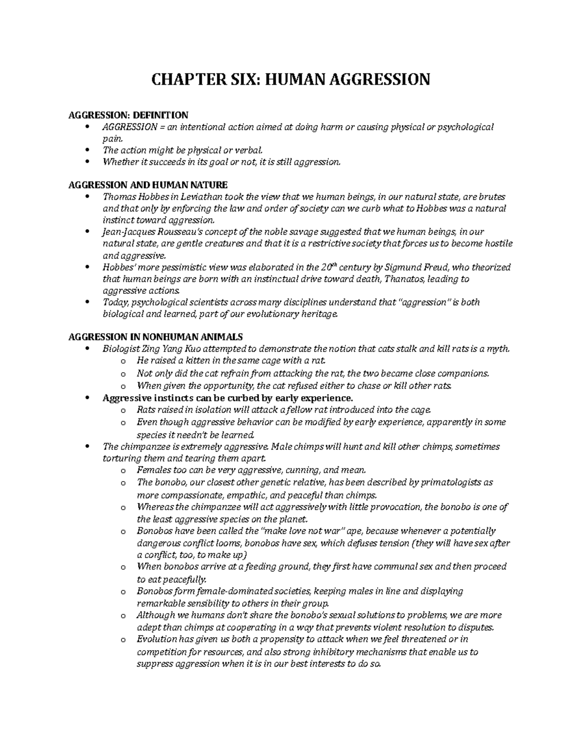Chapter 6 Notes - The Social Animal - CHAPTER SIX: HUMAN AGGRESSION ...