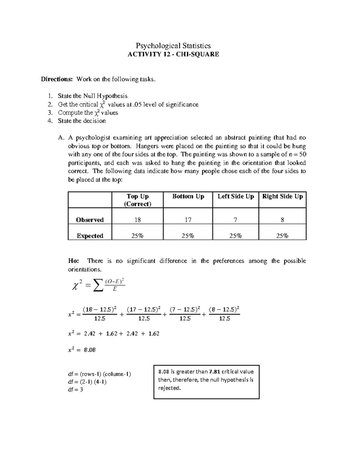 Activity 12 - CHI Square - Psychological Statistics ACTIVITY 12 - CHI ...